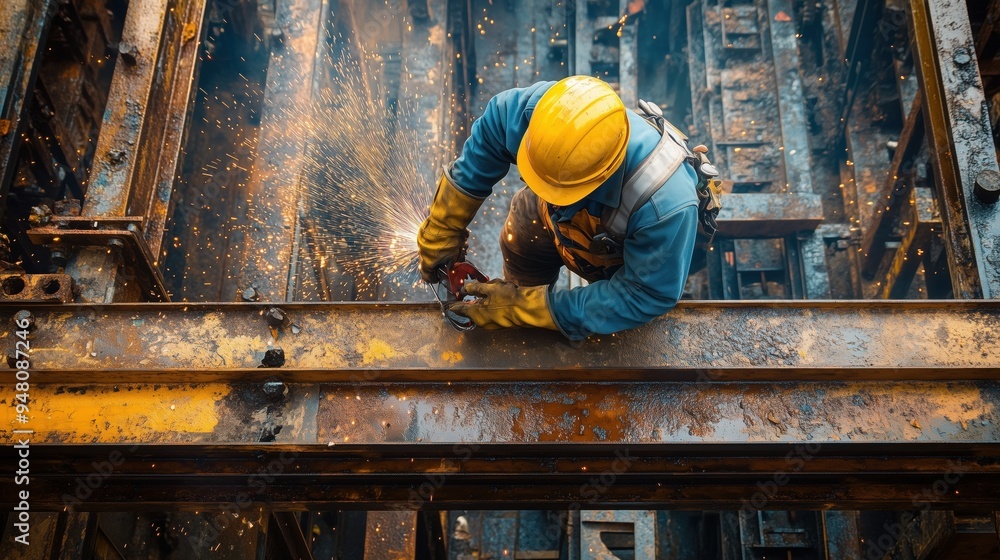 Metalworker in a yellow hard hat and safety gloves is cutting through a ...