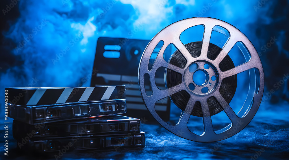Film Reel and Clapperboard on an Abstract Background, Symbolizing the ...