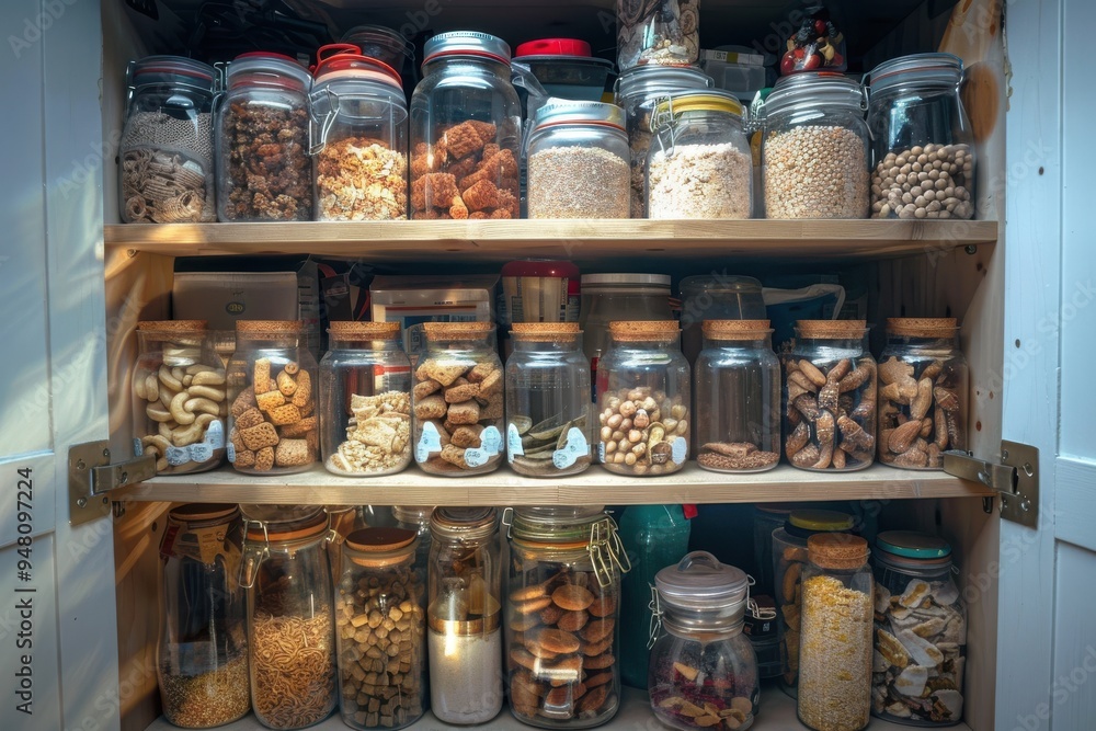 cabinet closet full of bottle of dried food, preserved food, biscuits ...