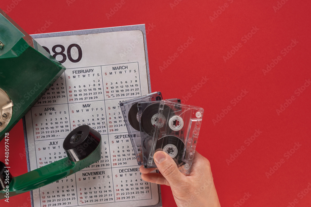 man with old calendar disk telephone and vintage audio tape recalling ...