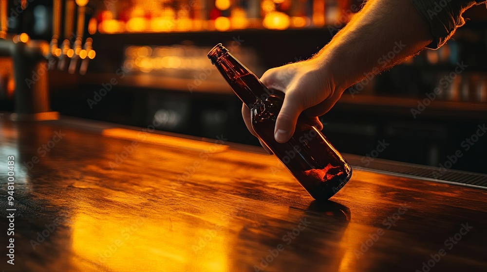 A hand firmly pushing away a bottle of beer on a dimly lit bar counter ...