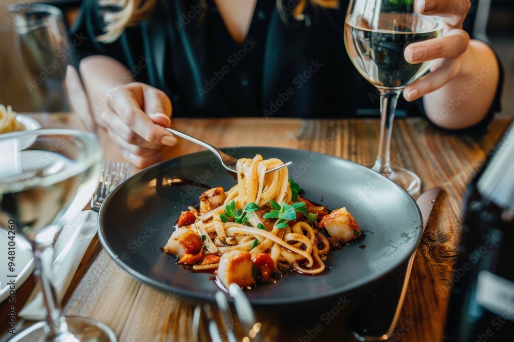 hands of couple sharing and enjoying freshly made pasta in a restaurant ...