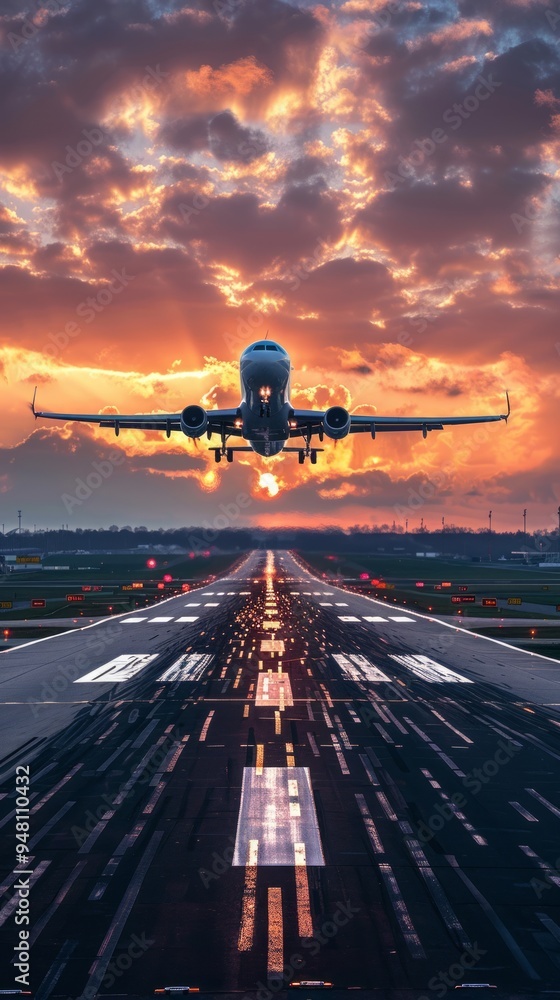 Airplane taking off into a vibrant sunset sky from a busy airport ...