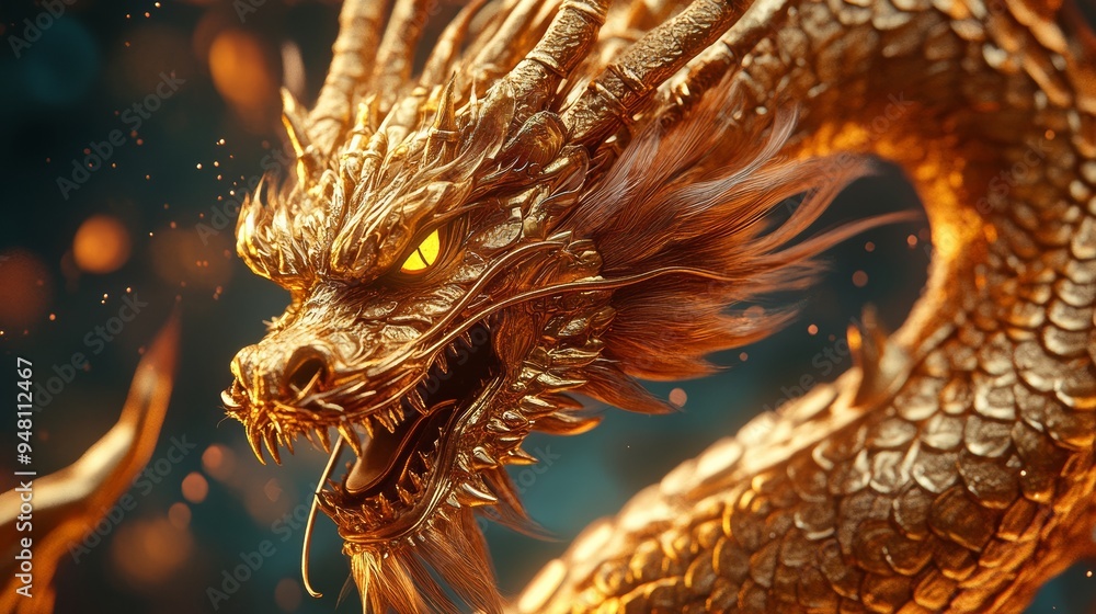 This striking golden dragon richly detailed with tribal Inca motifs ...