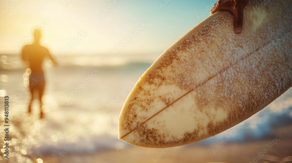 Close-up view of a sandy surfboard held by a surfer against a blurred ...