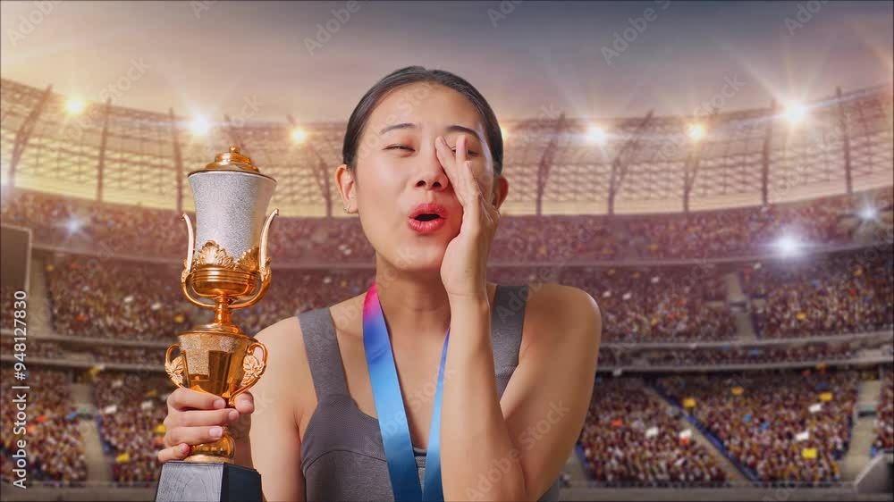 Close Up Of Asian Woman With A Gold Medal Holding A Gold Trophy And ...