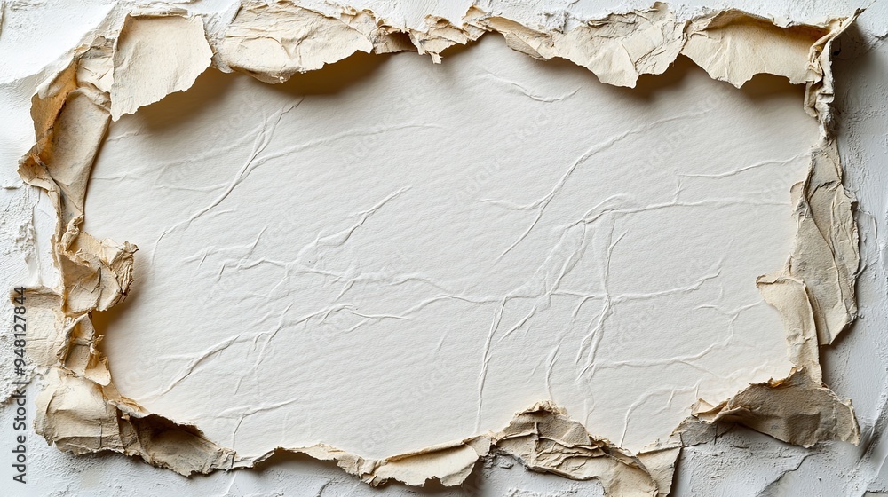 104. A torn paper frame with jagged edges and textured surfaces, the ...