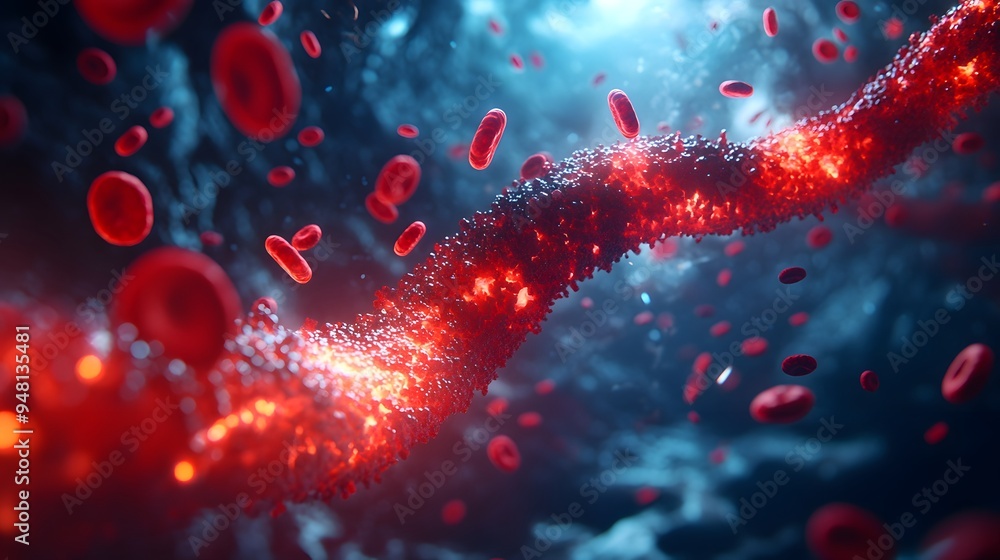 An animated 3D view of a human blood vessel with red blood cells ...