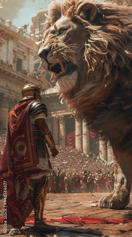 A Roman soldier faces a roaring lion in a grand arena filled with ...