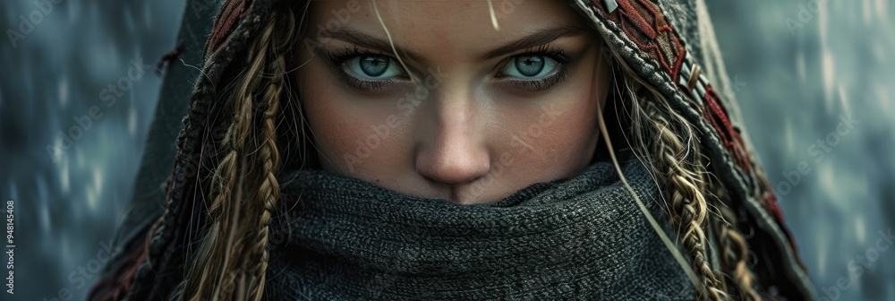 Beautiful woman in the goddess norse vikings style background, ai ...