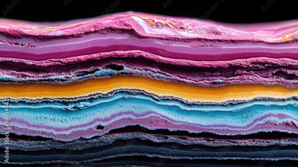 The image displays a cross section view of a colorful mineral formation ...