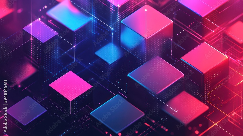 Colorful 3D geometric shapes with glowing edges create a vibrant ...