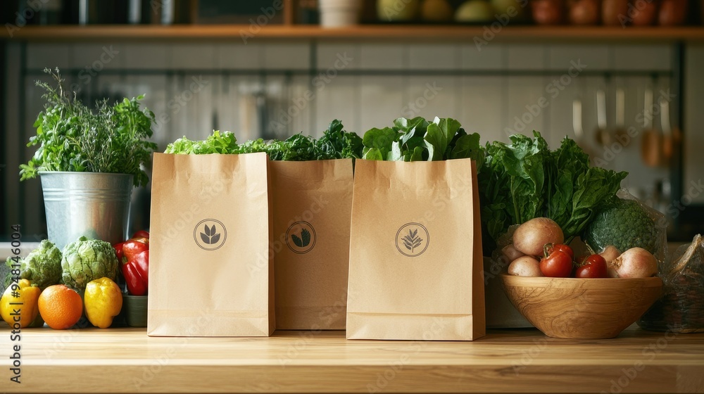 Eco-friendly paper bags with minimalist branding, displayed on a wooden ...