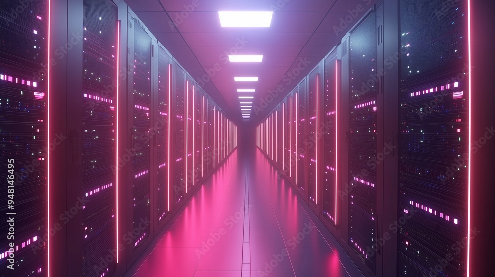 Shot of corridor in working data center full of rack servers and ...