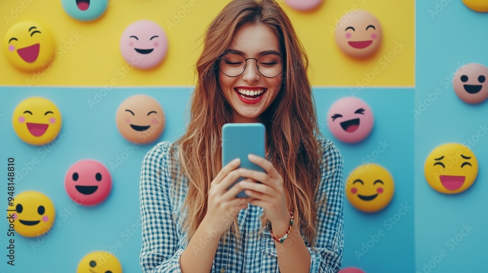 A beautiful young woman blogger vlogger or influencer is receiving ...