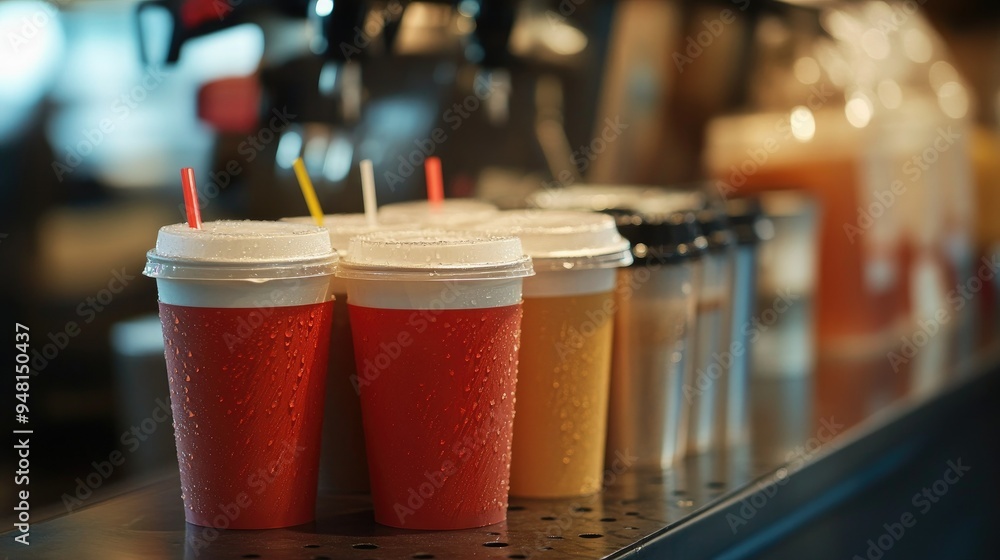 Stack of paper cups with lids and ice-cold beverages, placed on a ...