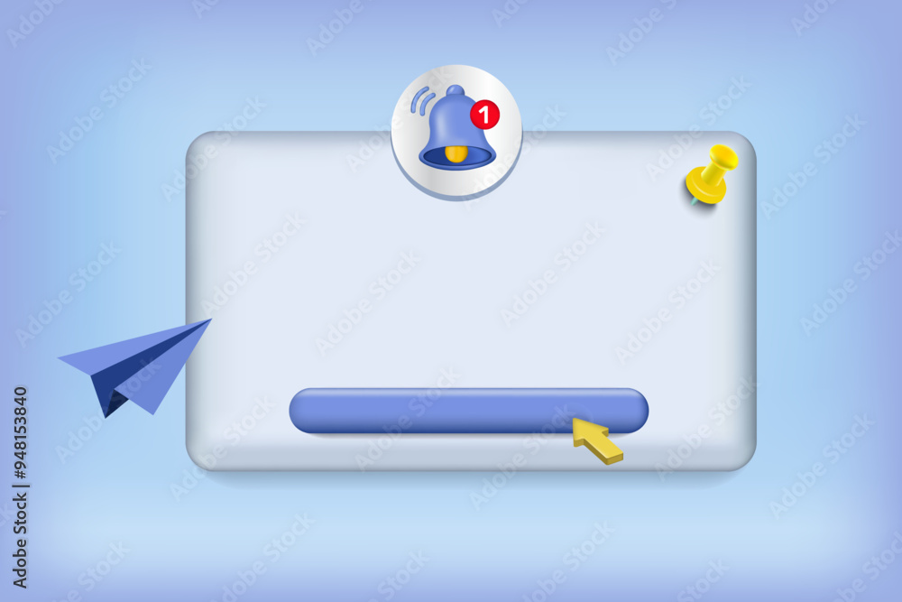 3d render Empty reminder popup, push notification icon with bell. 3D ...