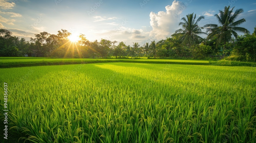 Lush Southeast Asian rice field with neatly arranged paddies, green and ...