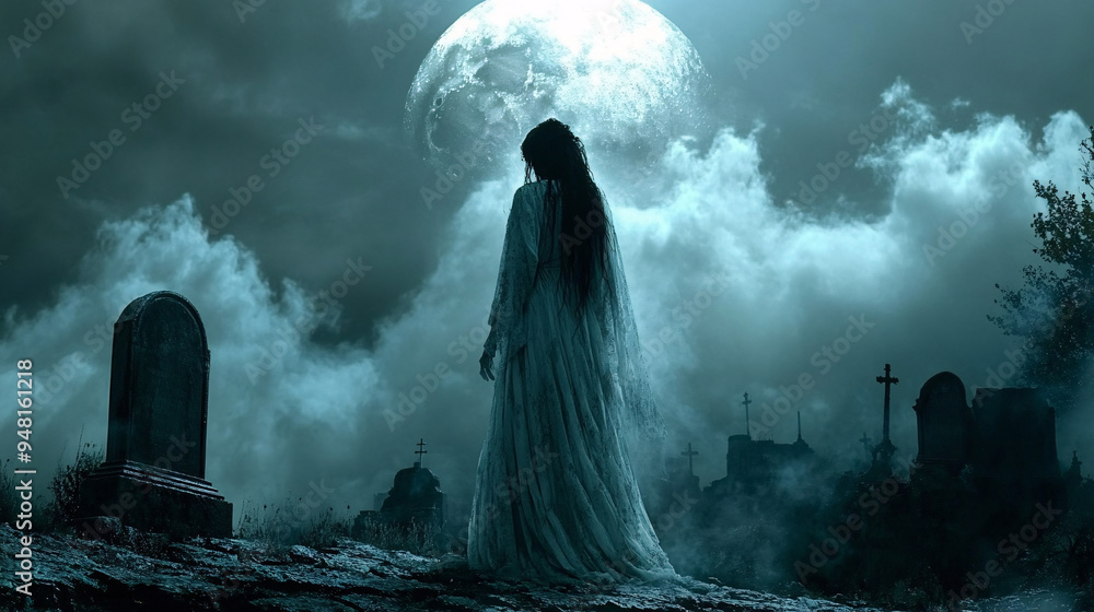 A vengeful La Llorona bride ghost stands in a spooky graveyard ...