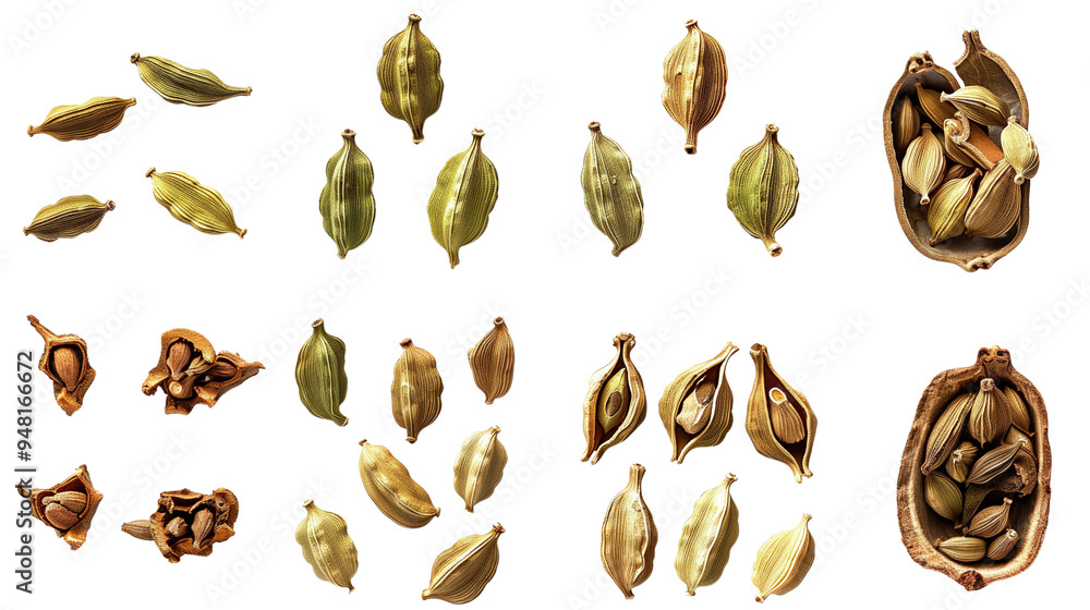 Various stages of cardamom pods from whole to cracked open isolated on ...