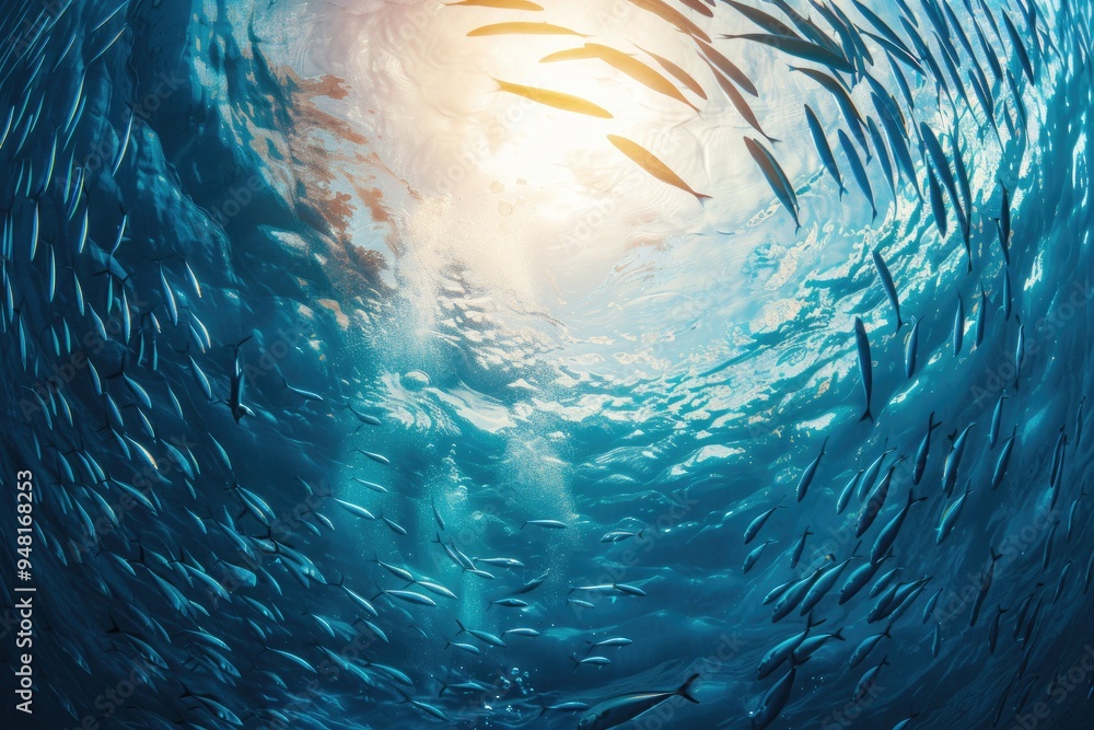 Fish in the ocean. A large school of fish swim in circles in the ocean ...