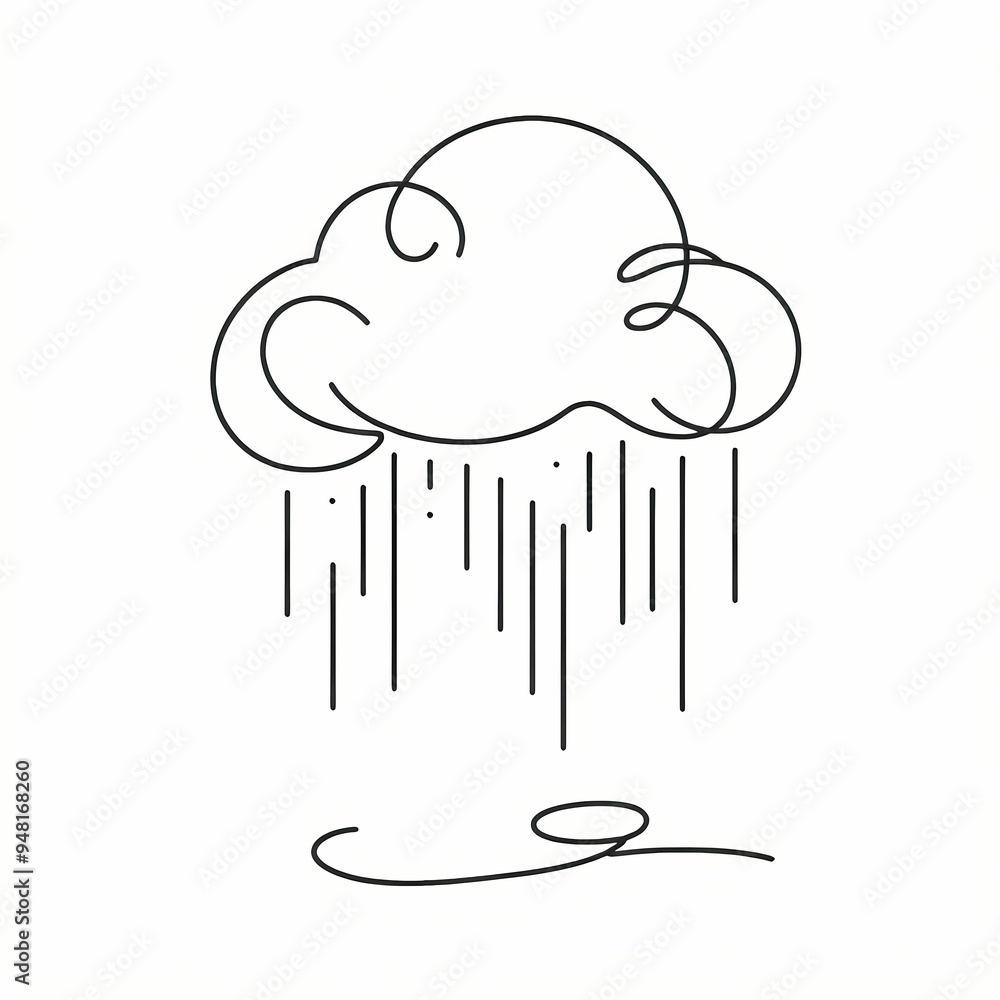 Simple illustration of a cloud with rain drawn with a continuous black ...