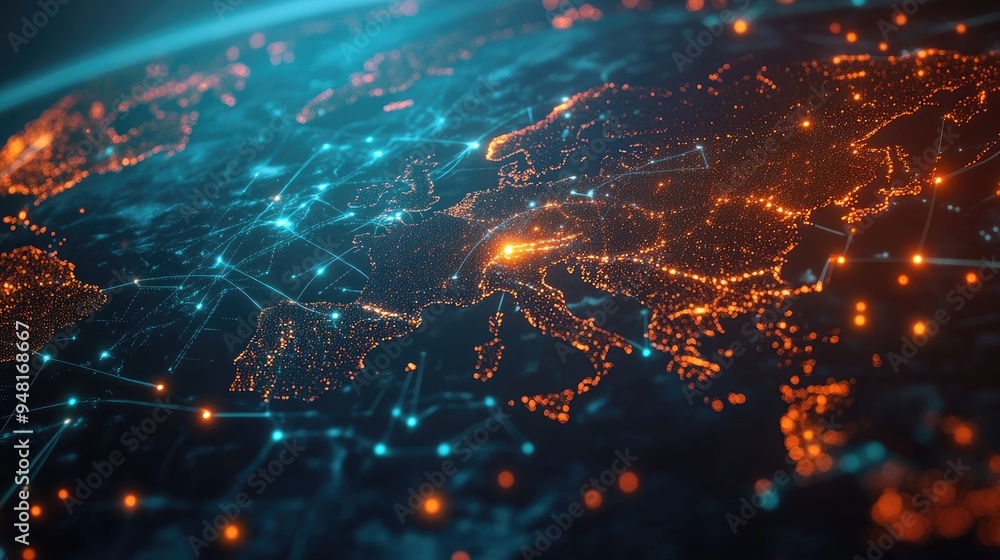 Concept of global communication with a world map overlayed with glowing ...