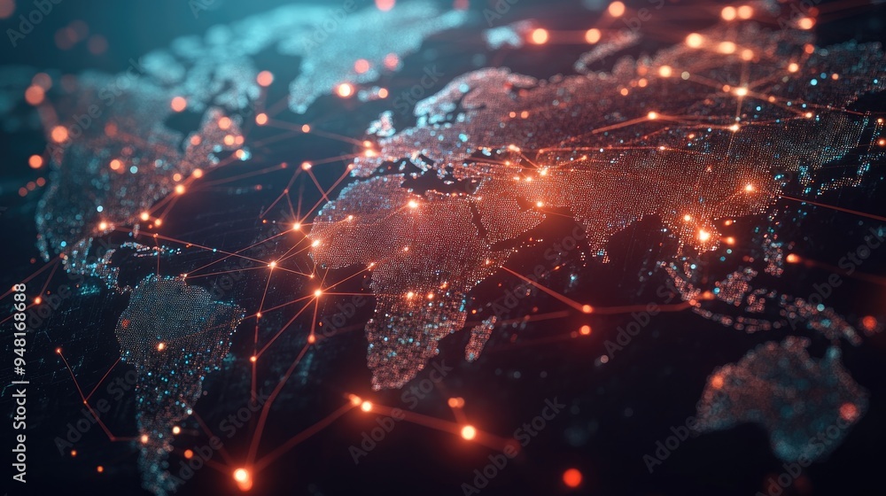 Concept of global communication with a world map overlayed with glowing ...