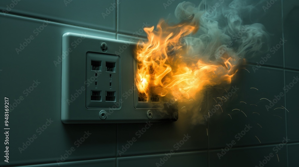 EU standard outlet with a burning electrical cord and a plug in a ...