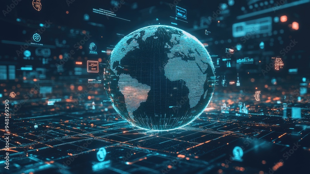 High-tech communication concept with a digital globe, surrounded by ...