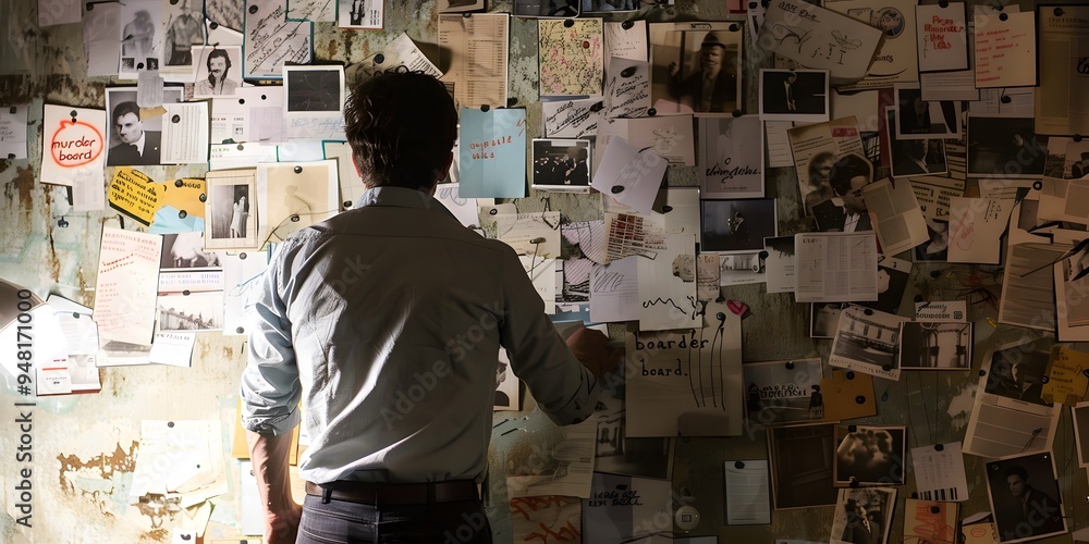 Back view agent investigator with a wall cluttered with murdered board ...