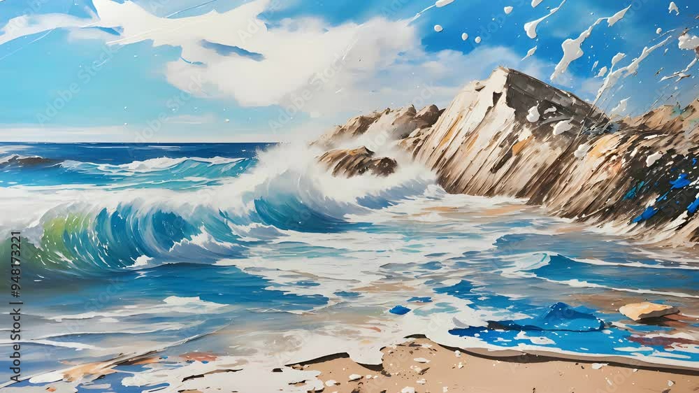 Parallax animation of expressive oil painting sketch of seascape with ...