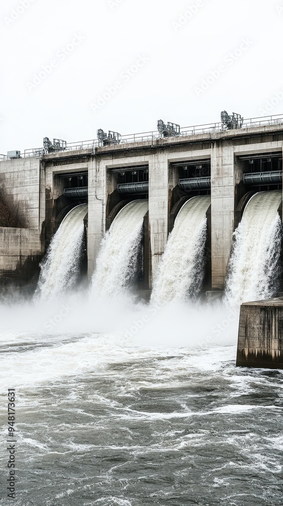 Water rushes through multiple spillways at a hydropower station ...