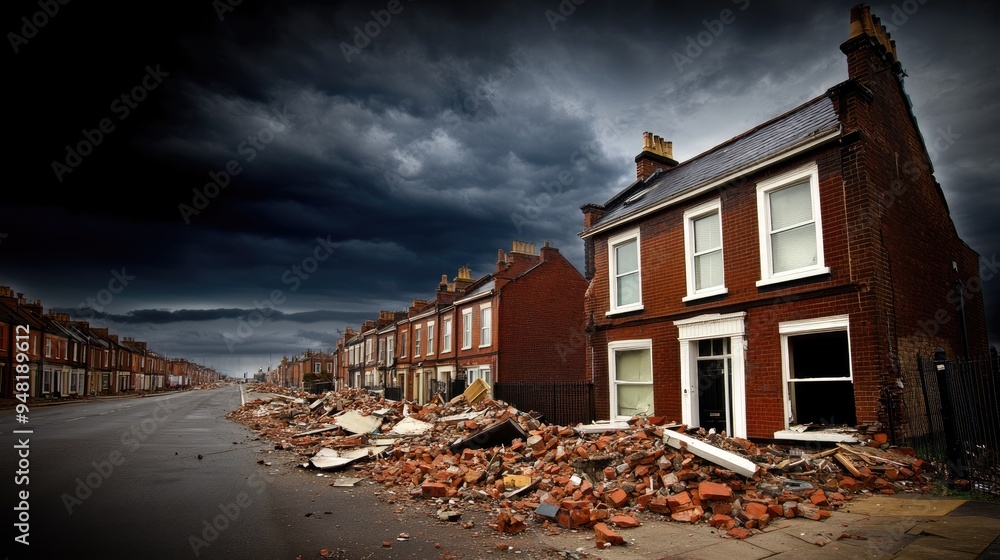 A suburban house in the UK shows significant damage following an ...
