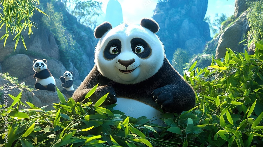 Curious Panda in Enclosure Engages with Welcoming Companions, Bamboo ...