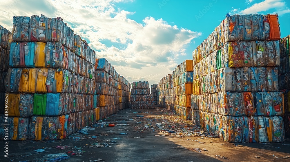 Tall Stacks of Waste Bales Ready for Recycling. High stacks of ...