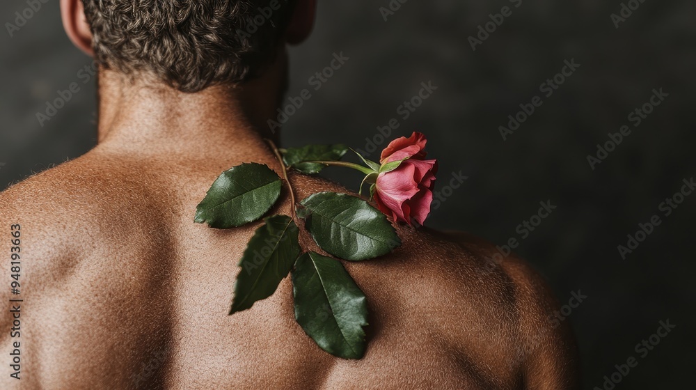 A well-defined muscular back is shown with a single red rose lying ...