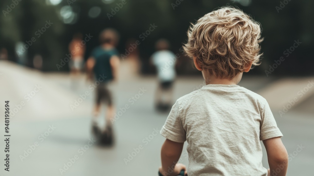 A young child observes other kids playing in a skate park, capturing a ...