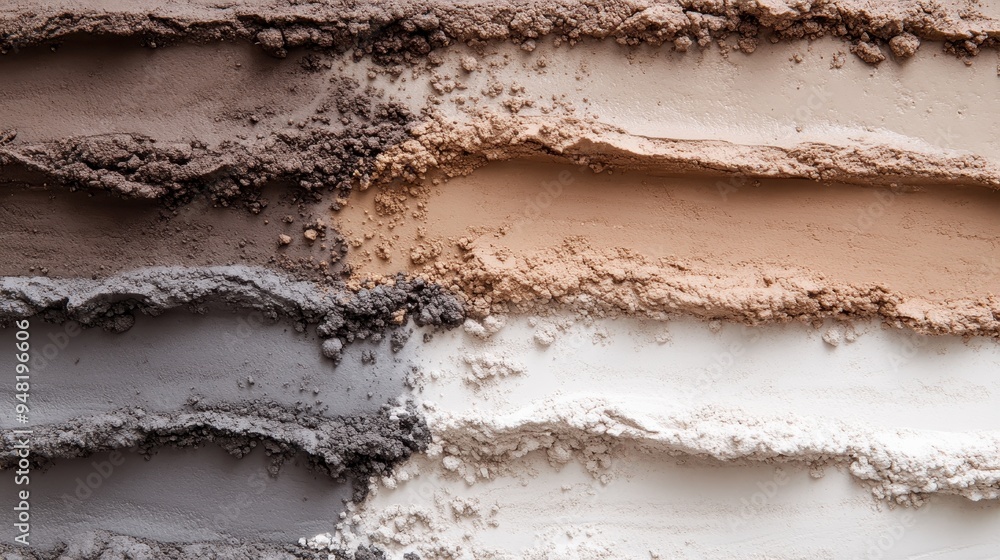 This image displays various shades of powdered substances arranged in ...