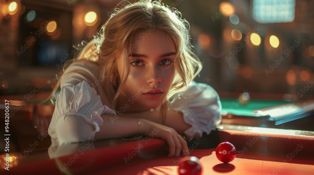 A young woman with blonde curly hair, wearing a white shirt, leans on a ...