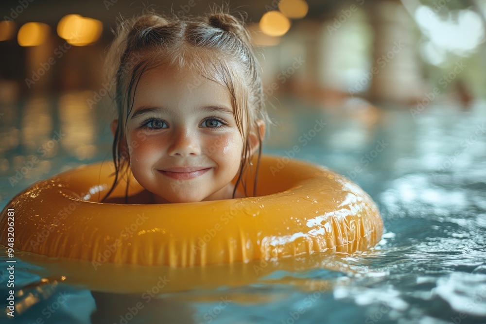 Little Girl Enjoys Inflatable Ring Float in Pool: Fun Swimming and ...