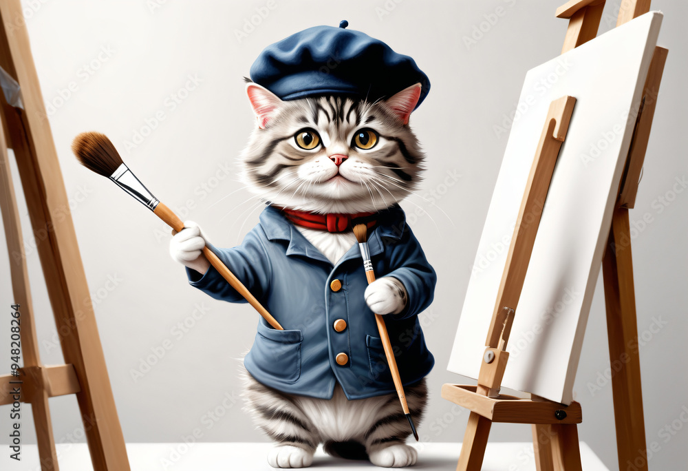 photorealistic, best quality, cute fluffy gray tabby cat artist ...