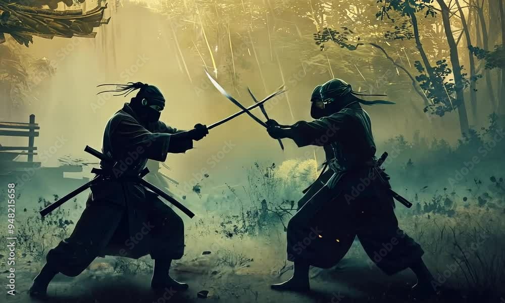 Group of ninjas with swords in a foggy forest. Night battle, samurai ...