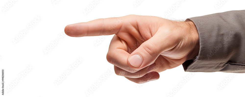 A hand pointing to the right against a neutral background, indicating ...
