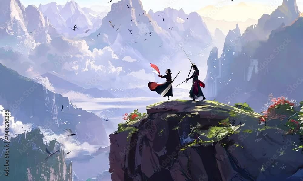 Two warriors engaged in a sword fight on the edge of a cliff with a ...