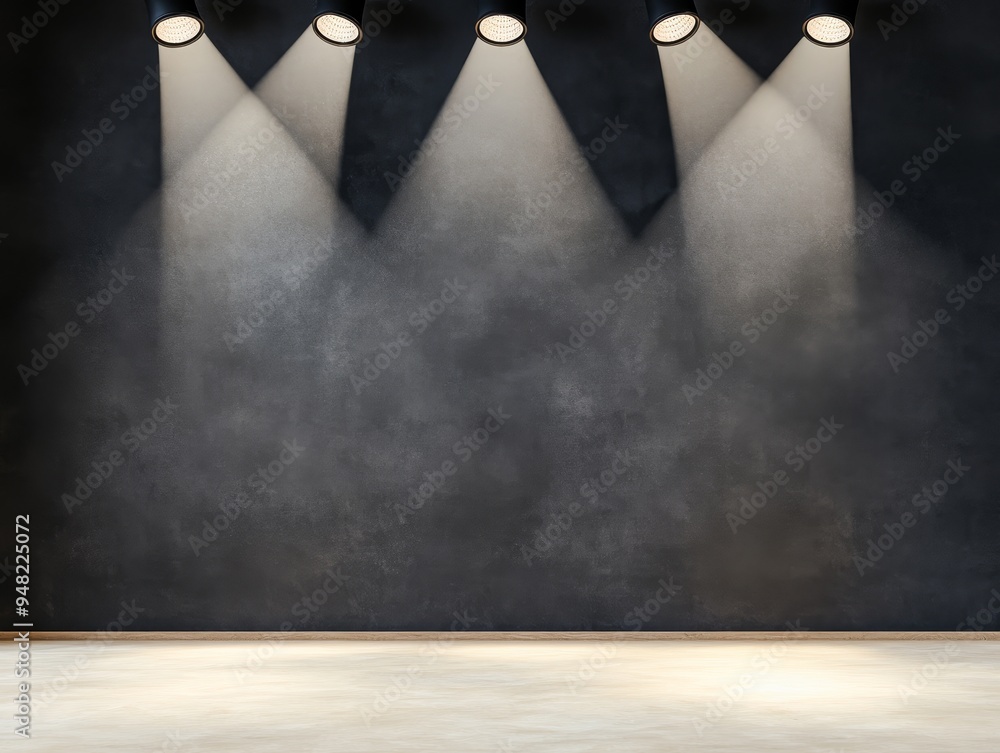 dark room stage background with five spotlights and empty floor space ...
