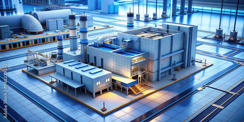 Detailed 3D model of a modern manufacturing factory situated atop ...