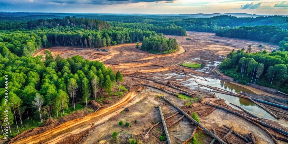 Aerial view of ravaged forest landscape, scarred by illegal logging ...