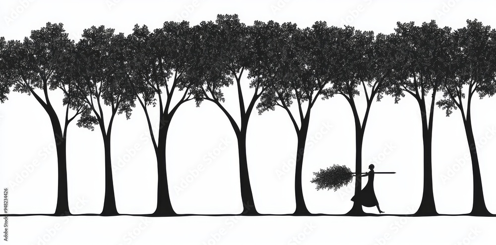 This illustration depicts a tree being cut down and many stumps next to ...