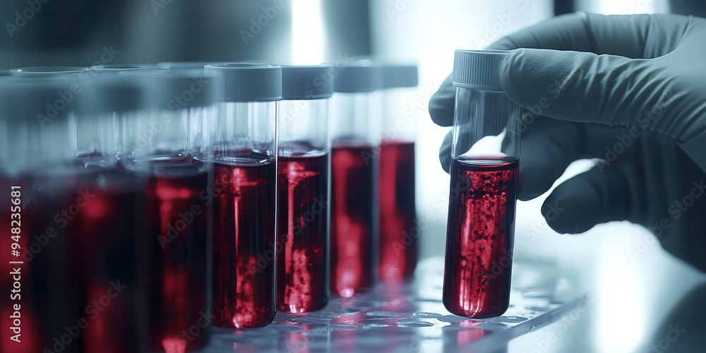 The image shows a lab technician handling blood samples for hemoglobin ...